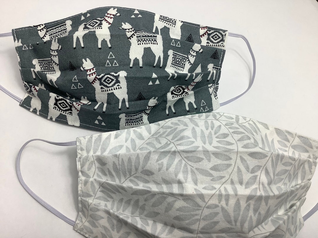Llamas Set of 2 Cotton Face Masks- Llamas on Gray, Light Gray Leaves ...