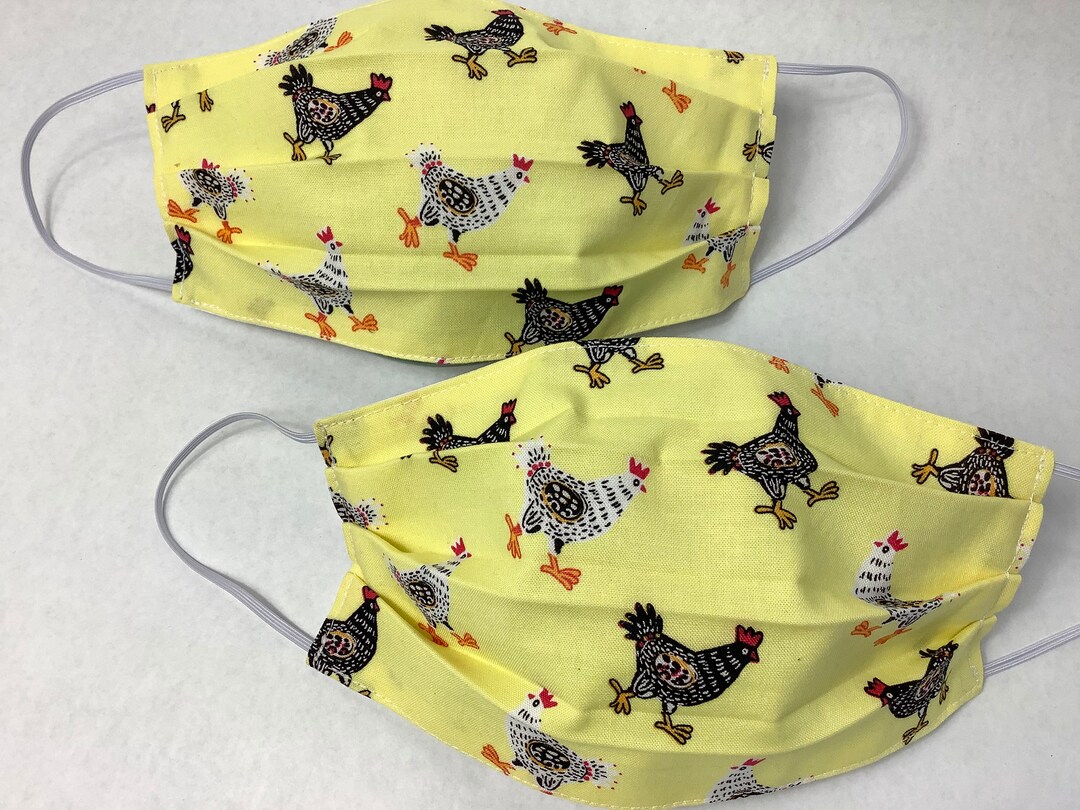 Set of 2 Cotton Face Masks- Chickens on Yellow- Double Layer ...