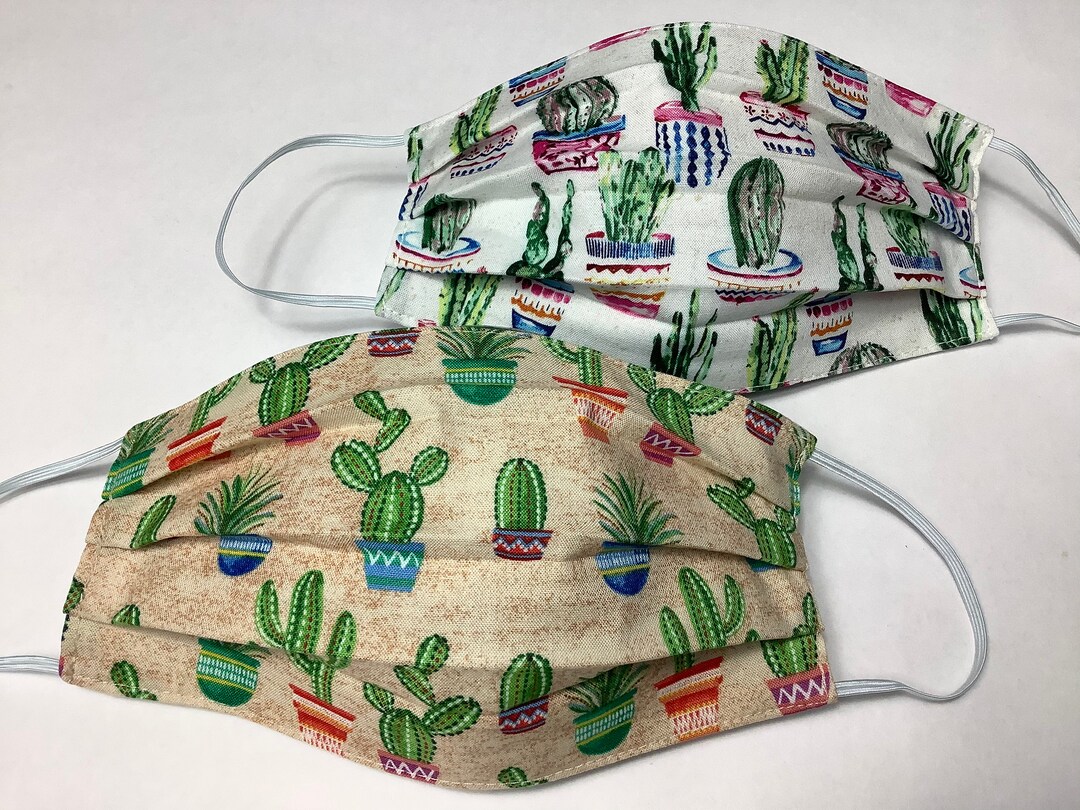 Set of 2 Cotton Face Masks-cactus on tan desert, potted cactus on white ...