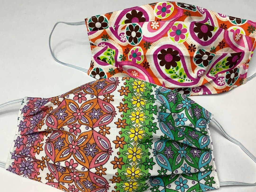 Set of 2 Cotton Face Masks- 60s Flower Power Bright Prints- Double ...