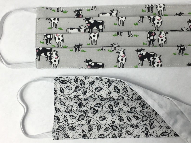 Set of 2 Cotton Face Masks-whimsical Cows on Gray Black Leaf | Etsy