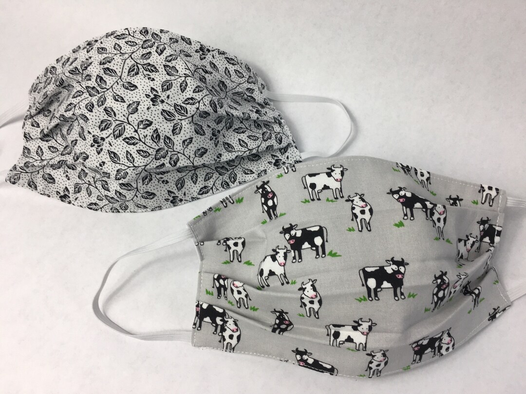 Set of 2 Cotton Face Masks-whimsical Cows on Gray, Black Leaf Print ...