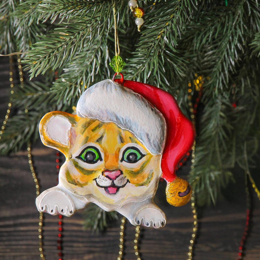 Christmas Tiger Cub - Fused Glass Tree Decor - Hand Painted Ornament ...
