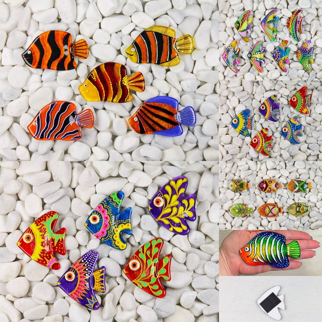 Magnets Set 5-8 Items, Glass Fish Art Painted Big Magnet, Fridge ...
