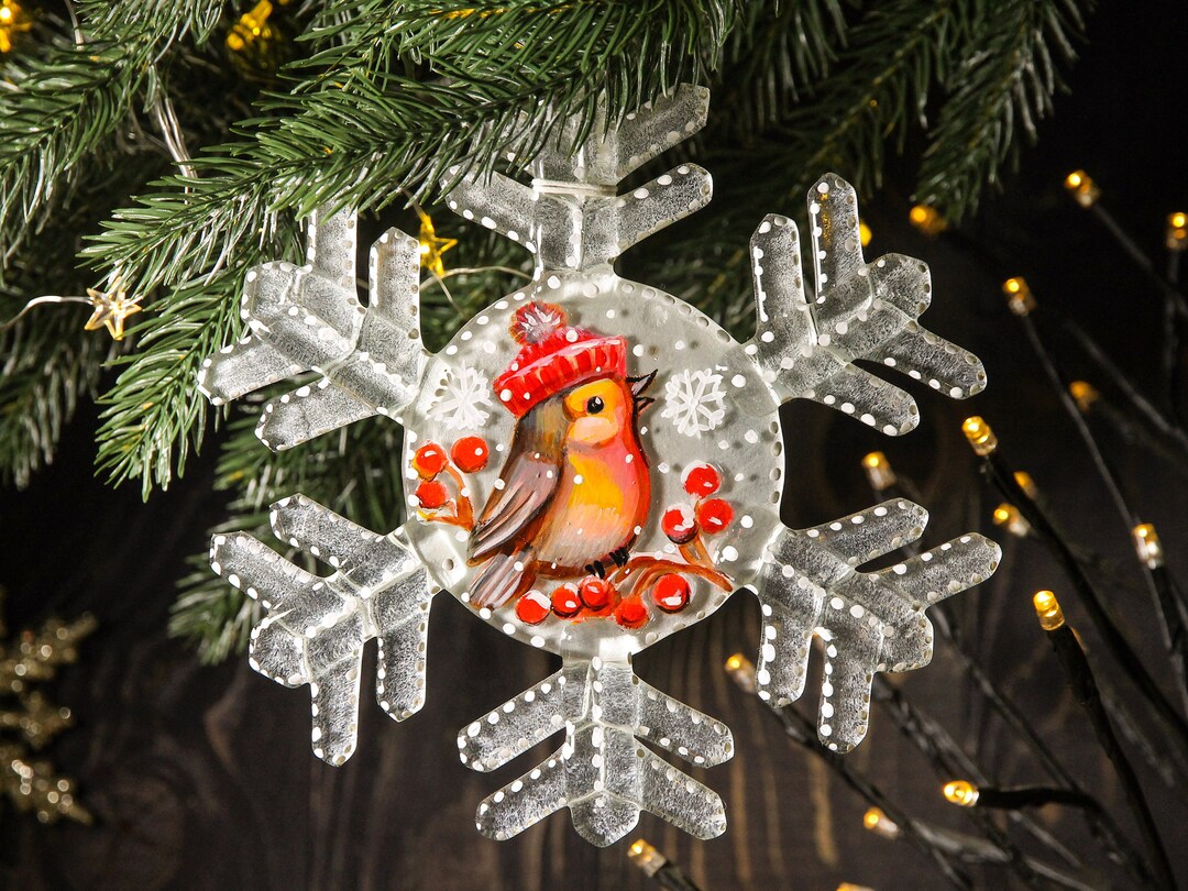 Snowflake Bullfinch Painted Fused Glass Christmas Ornament Cute Painted ...