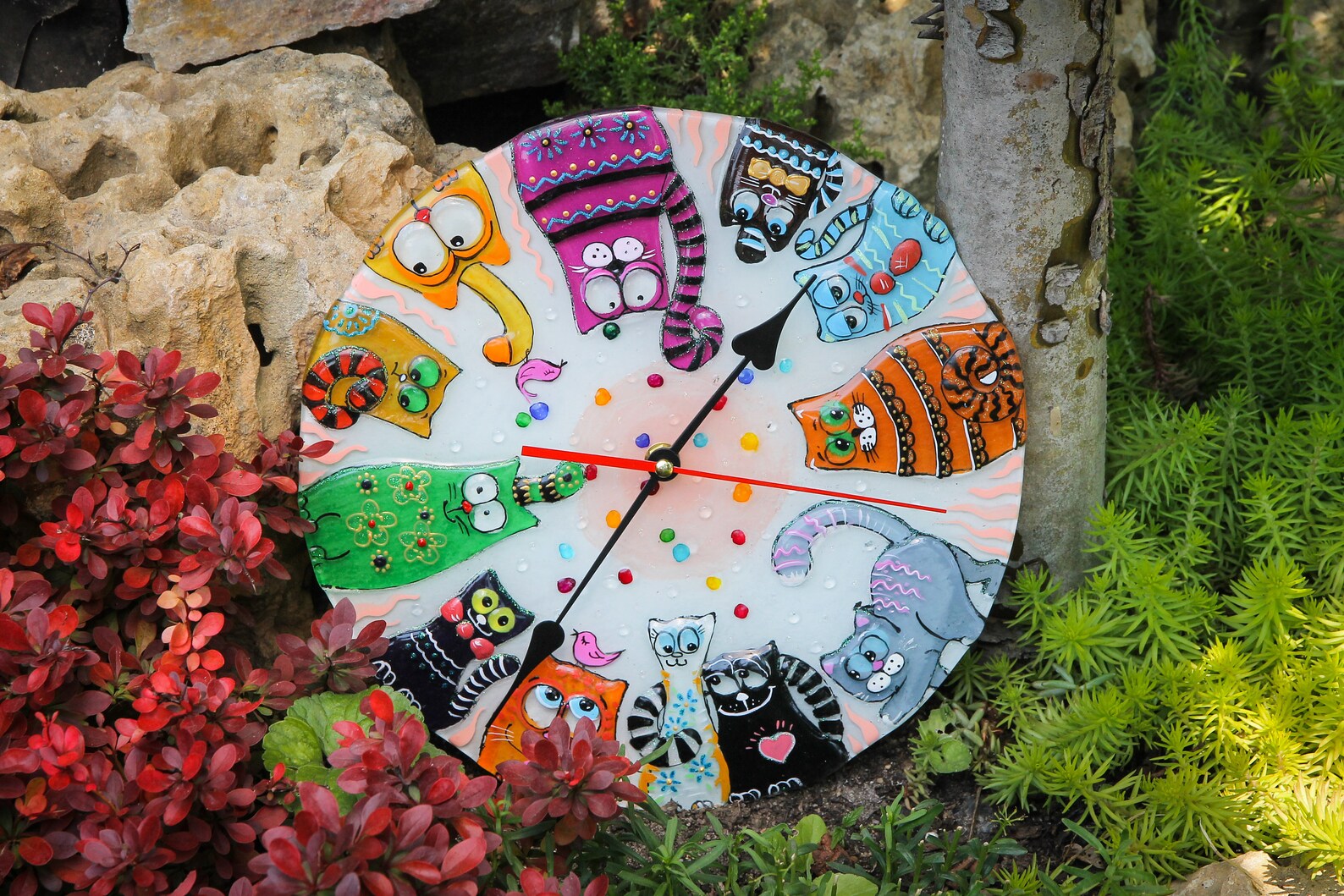 Cats Wall Clock Fused Glass Hand Painted Home Office Decor | Etsy