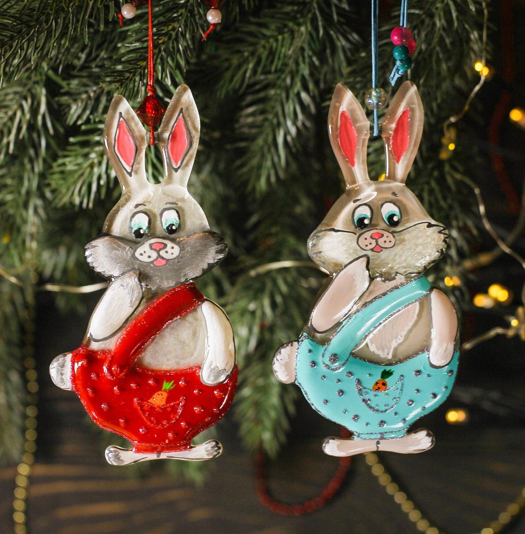 Rabbit Christmas Ornament Glass Art Colorful Hand Painted Gift for Boy ...