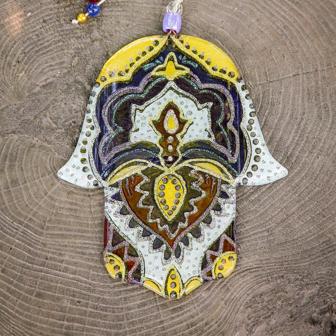 Hamsa Hand Khamsa Protection Symbol Decor Colorful Fusion Glass Art Big ...