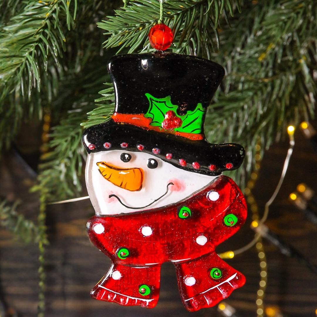 Painted Glass Snowman Christmas Tree Art Ornament Bright Handmade ...