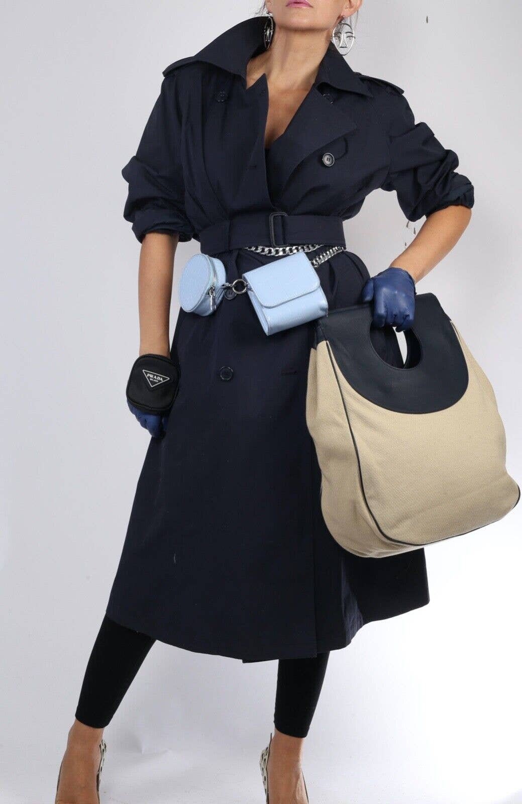 Vintage Navy Collared Double Breasted Midi Trench Rain Coat Modern Belt ...