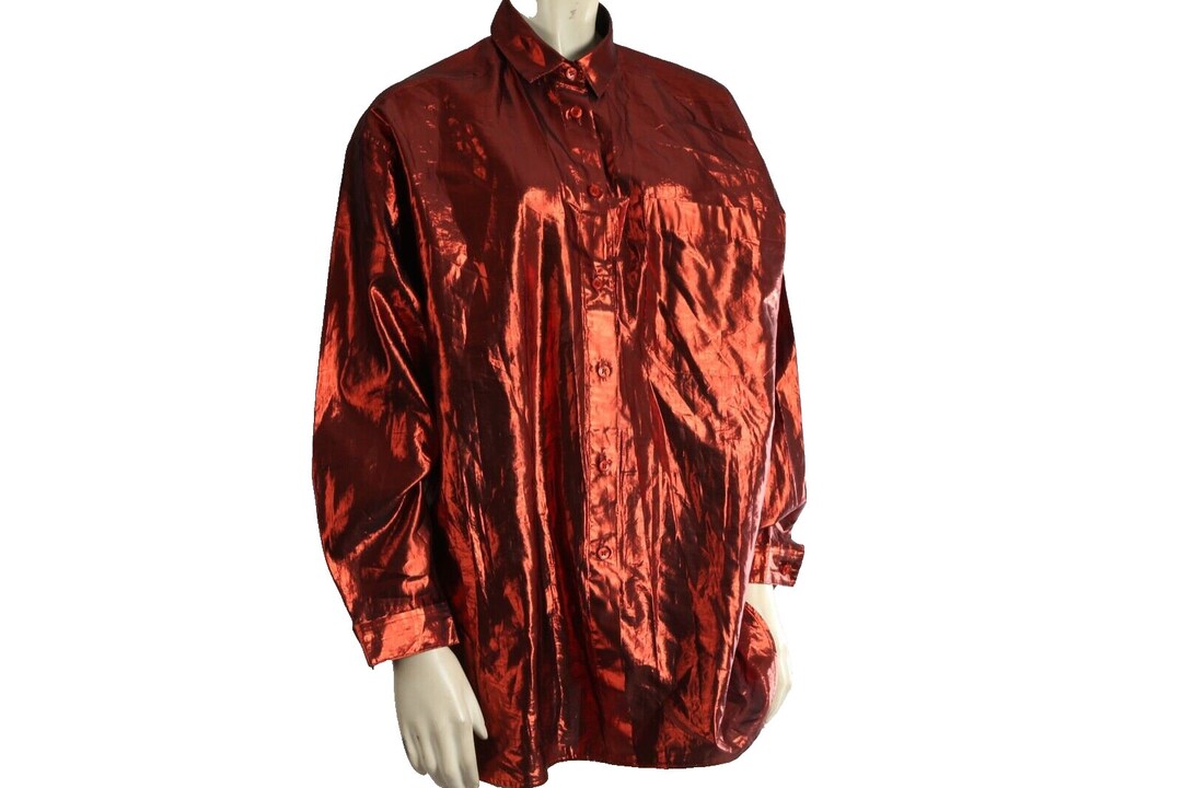 Vintage Vivien Carol Red Metallic Collar Button Down Long Sleeve Shirt ...