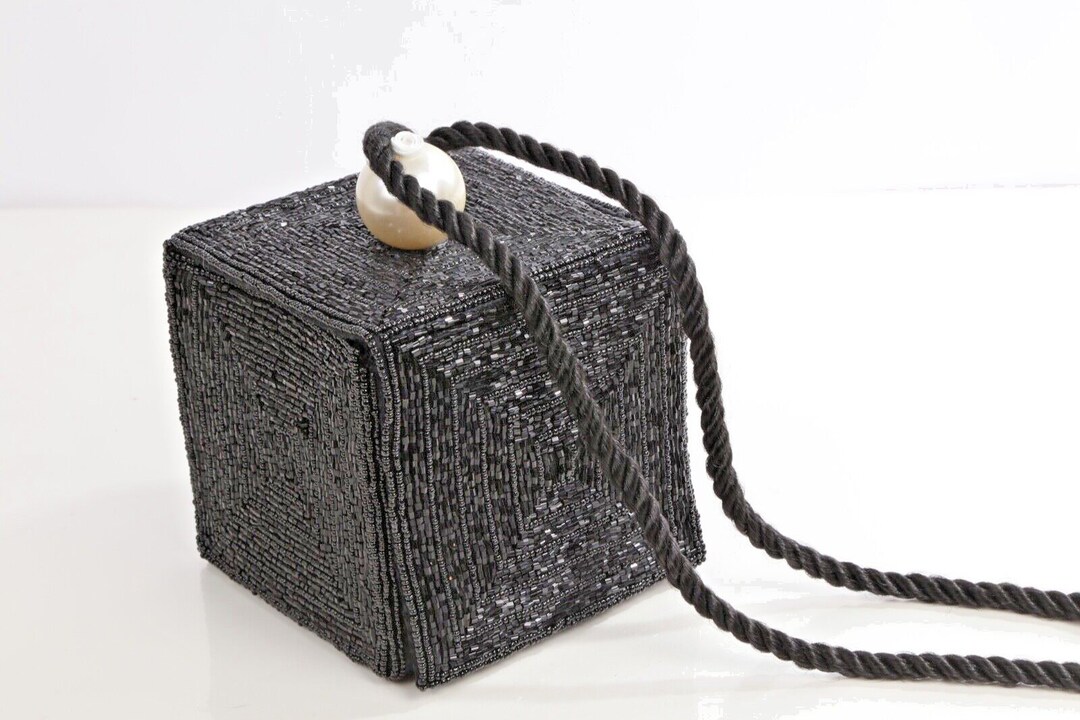 Vintage Black Sequin Box Cube Shape Pearl Detailed Shoulder Bag - Etsy