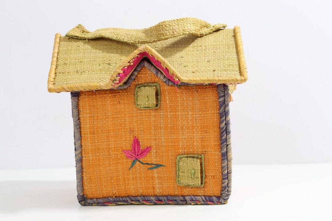 Vintage Straw Handmade House Shape Basket Kids Bag 60s 70s Handbag ...
