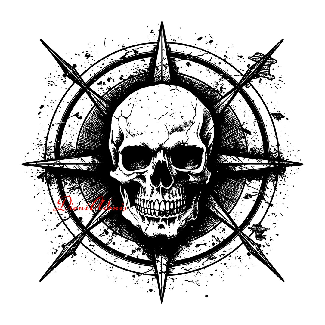 Compass Skull Sharp Gritty Grunge Gothic Occult Distressed Halloween T ...