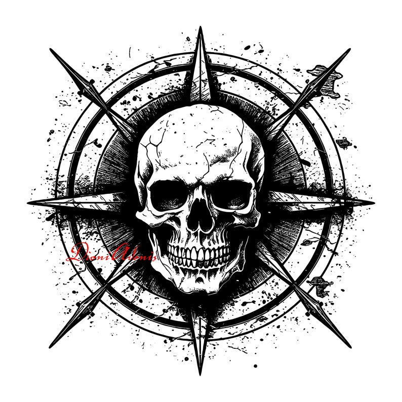 Compass Skull Sharp Gritty Grunge Gothic Occult Distressed Halloween T ...