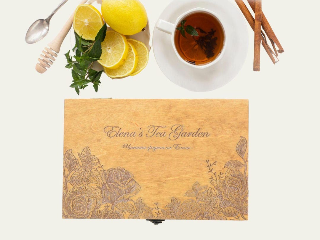Custom Engraved Wooden Tea Box With Roses & Mint - Elegant Tea Storage ...