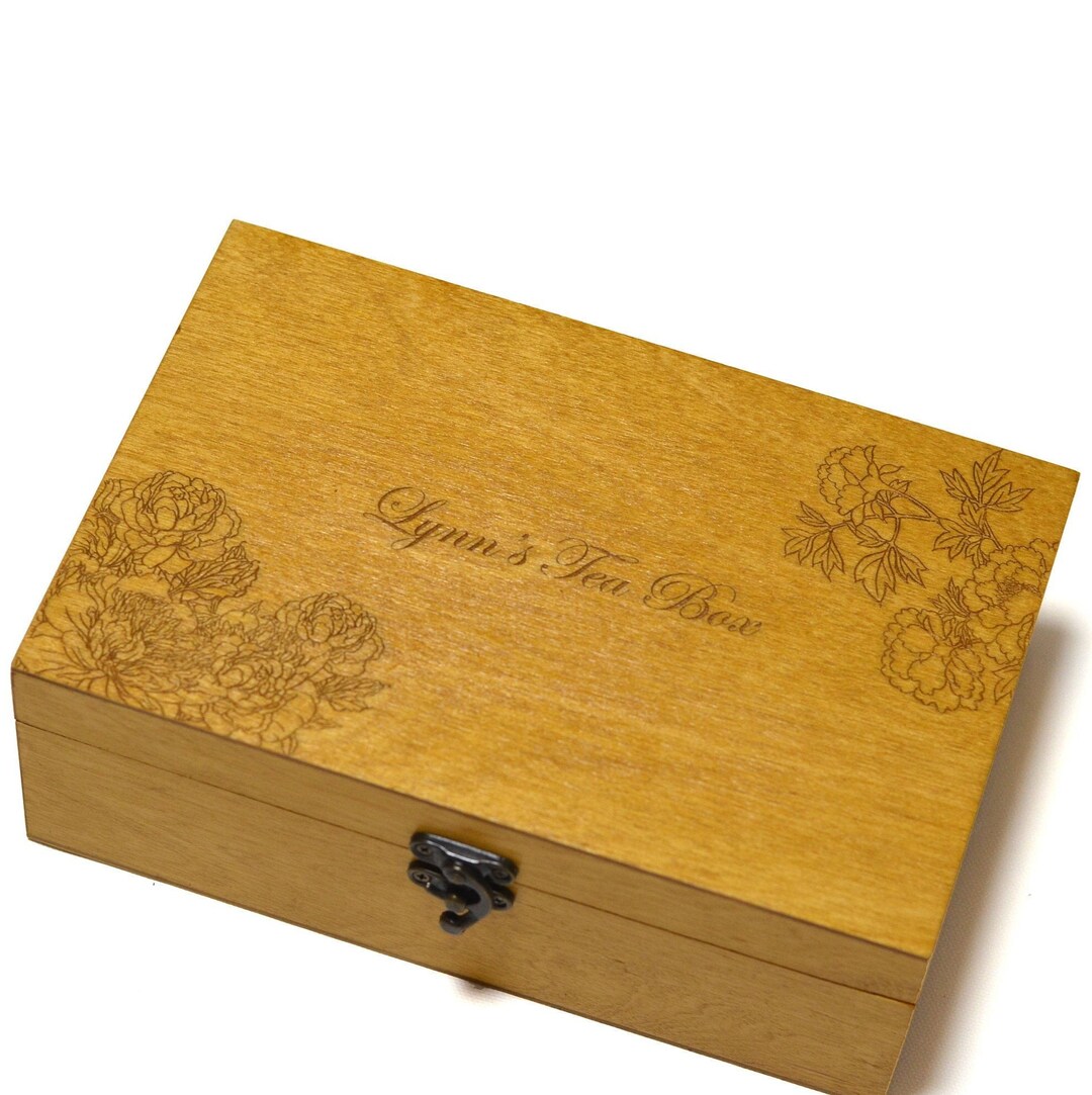 Personalized Tea Storage Box, Engraved Tea Chest With Peonies, Tea ...