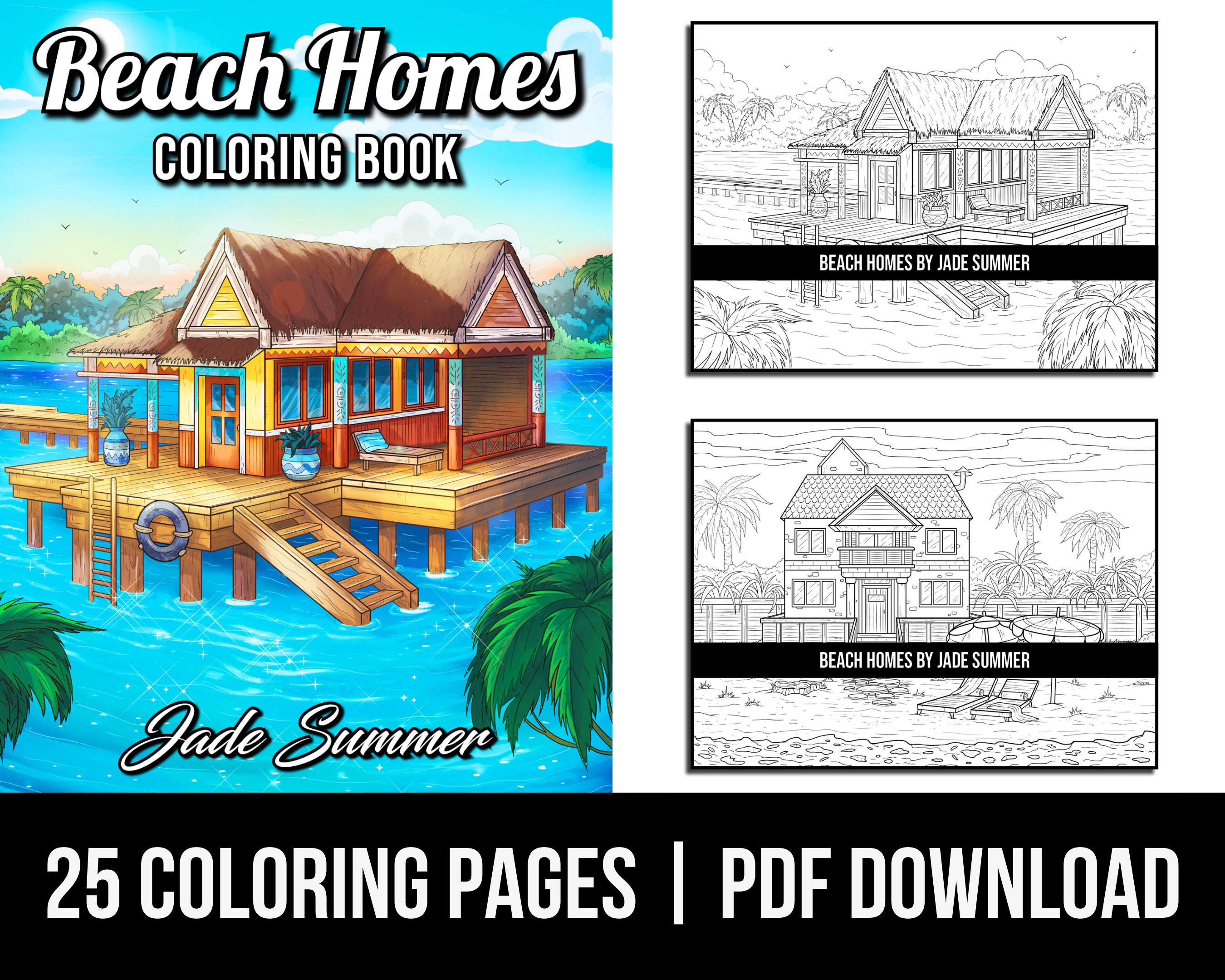 Beach Coloring Pages: Beach Homes Adult Coloring Book by Jade - Etsy