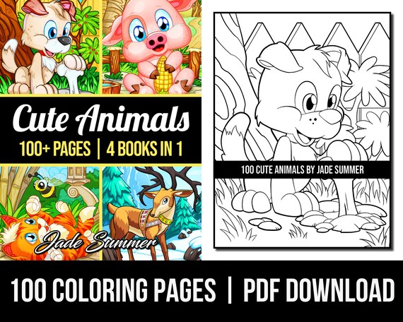Animal Coloring Pages: 100 Cute Animals Adult Coloring Book by - Etsy