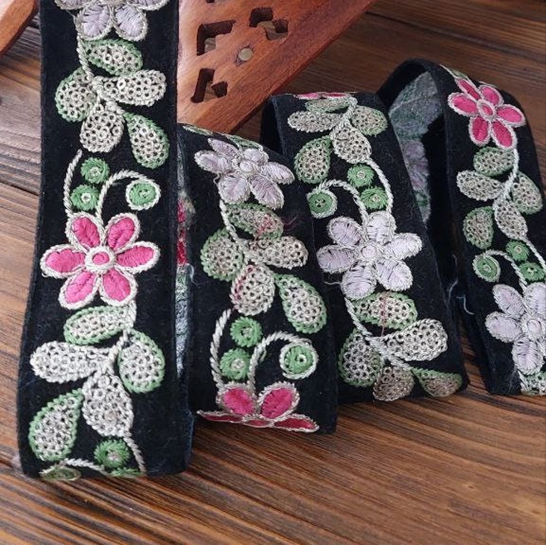 Ethnic Black Velvet Braid With Floral Ornament, Braid for Decorating ...