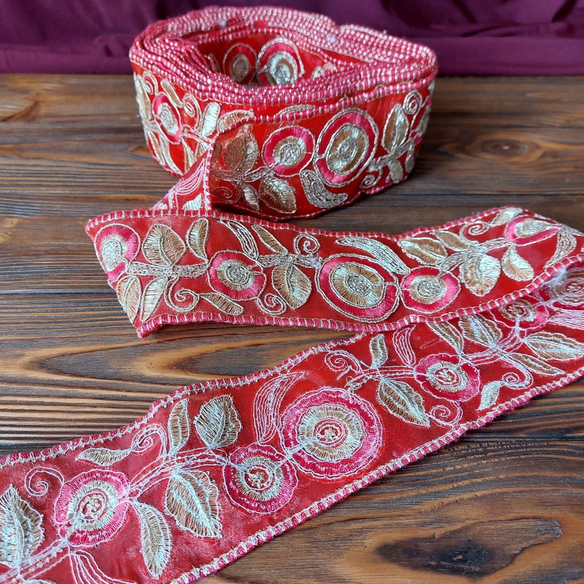 Red Lace Embroidered With Red and Gold Threads, Beautiful and Festive ...