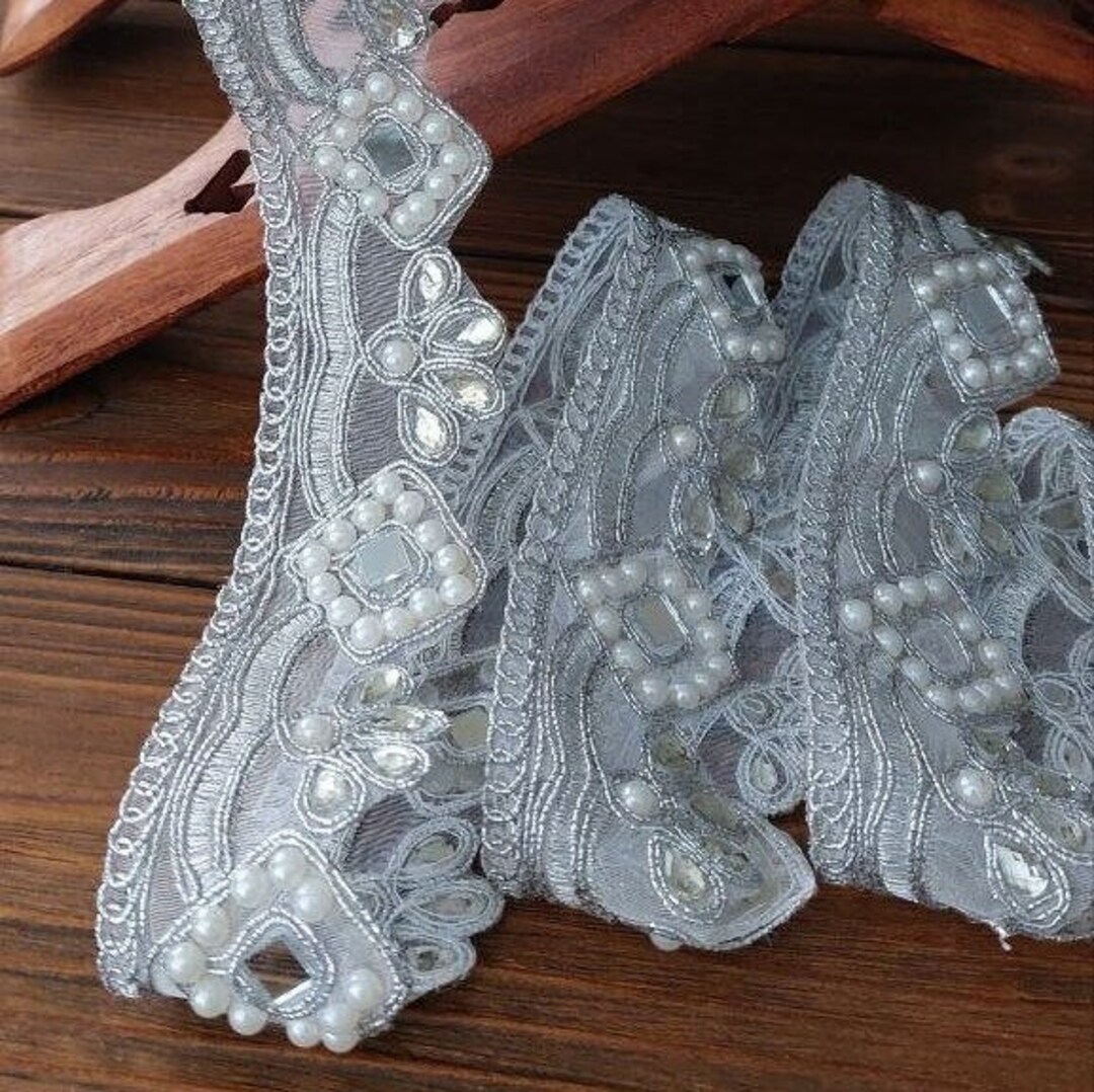 Ethnic Pakistani Silver Lace With Beads and Sequins, Oriental Lace With ...