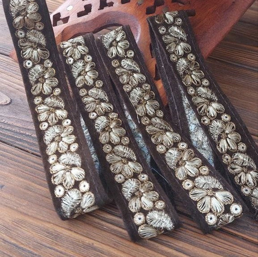 Brown Velvet Braid With Gold Thread Embroidery in the Form of Flowers ...