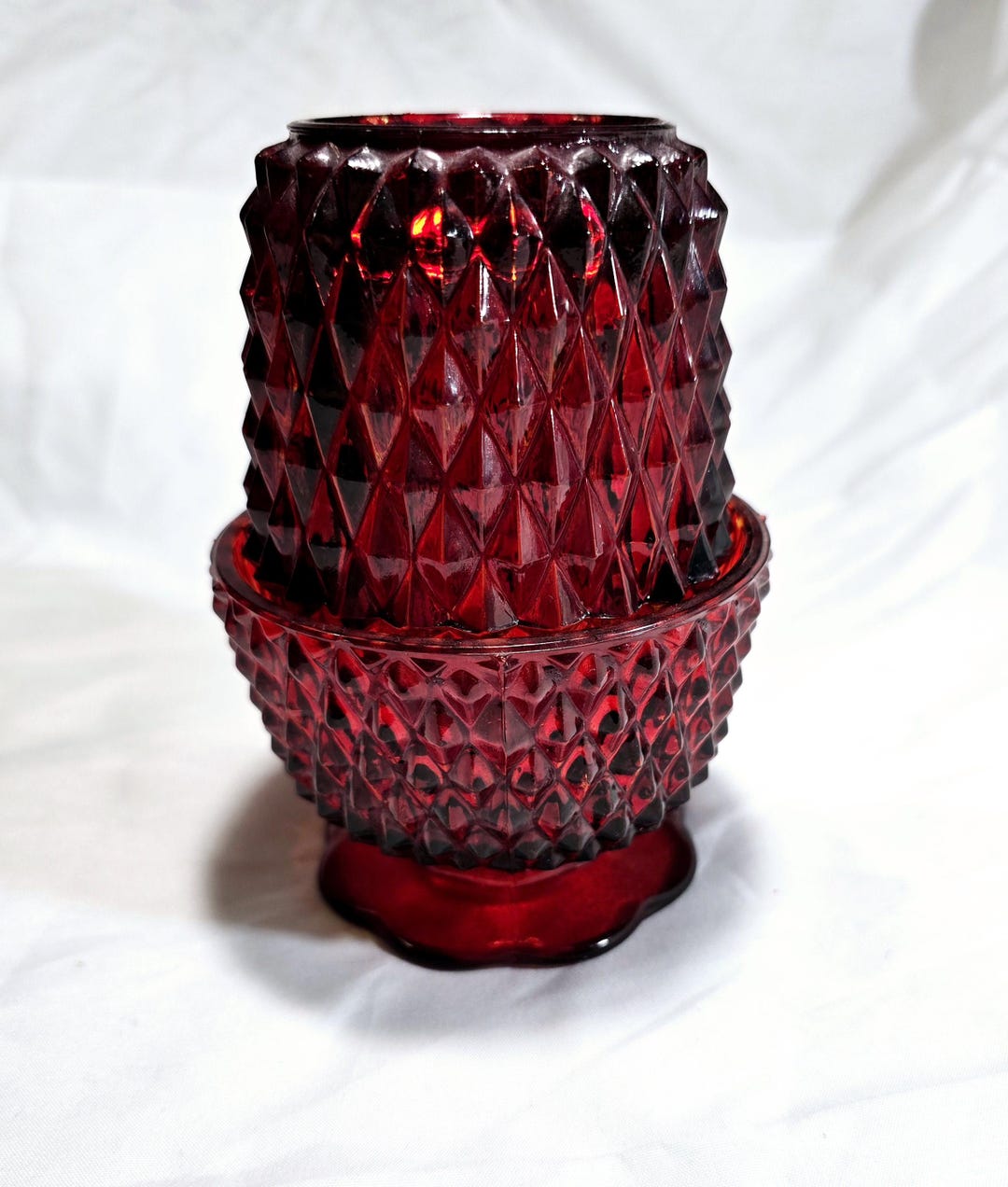 Vintage Indiana Glass Diamond Point Red Flashed Glass Fairy Lamp 2 ...