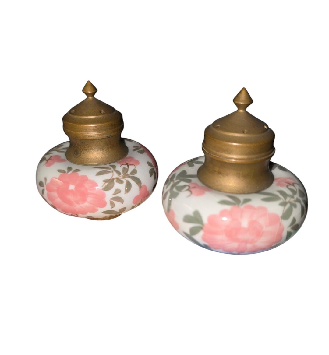 Porcelain Delft Pink & Green Floral Salt/pepper Shaker Set With Brass ...
