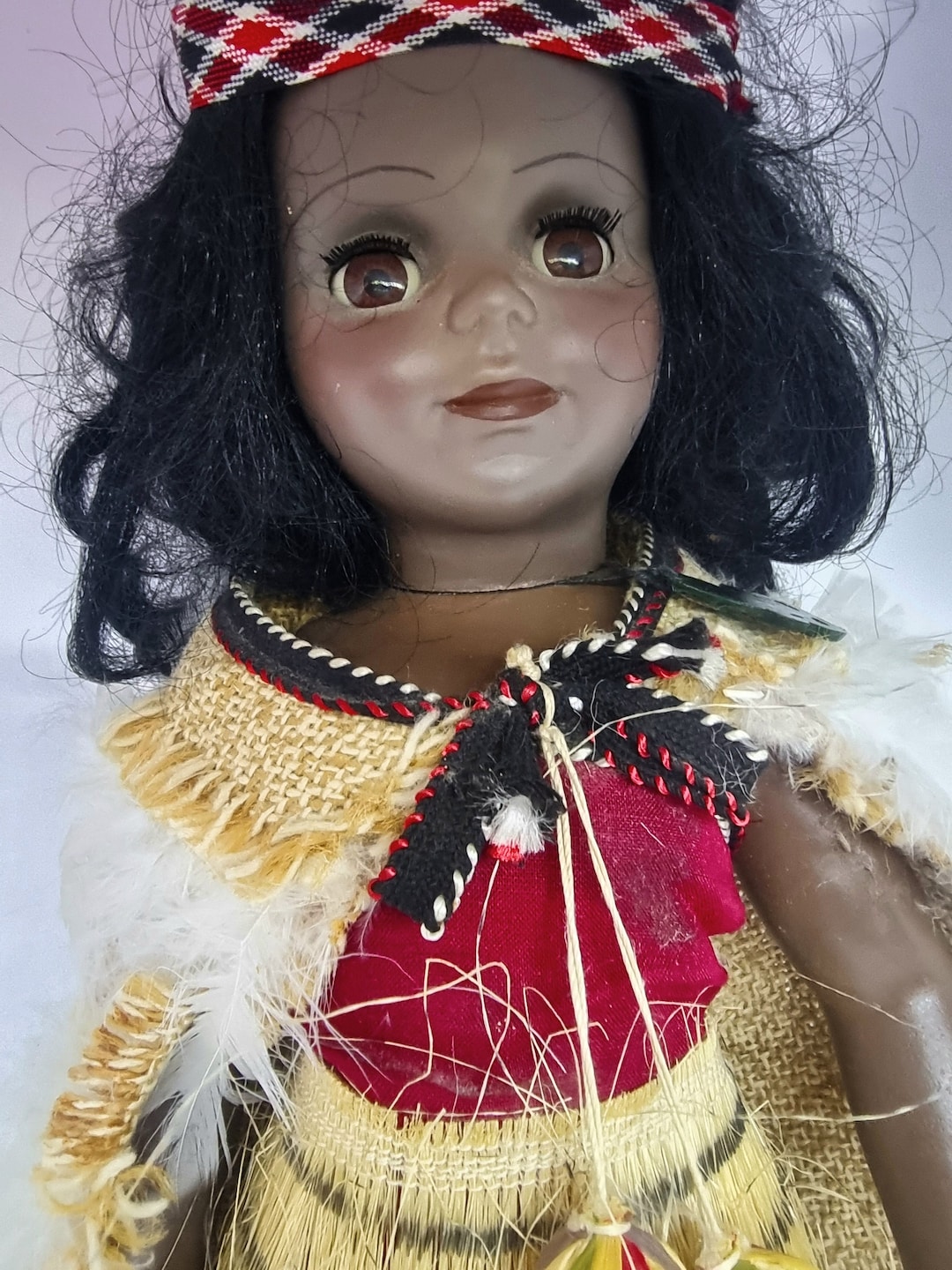 Vintage Jointed Plastic Maori Doll New Zealand Folk Doll in Grass Dress ...
