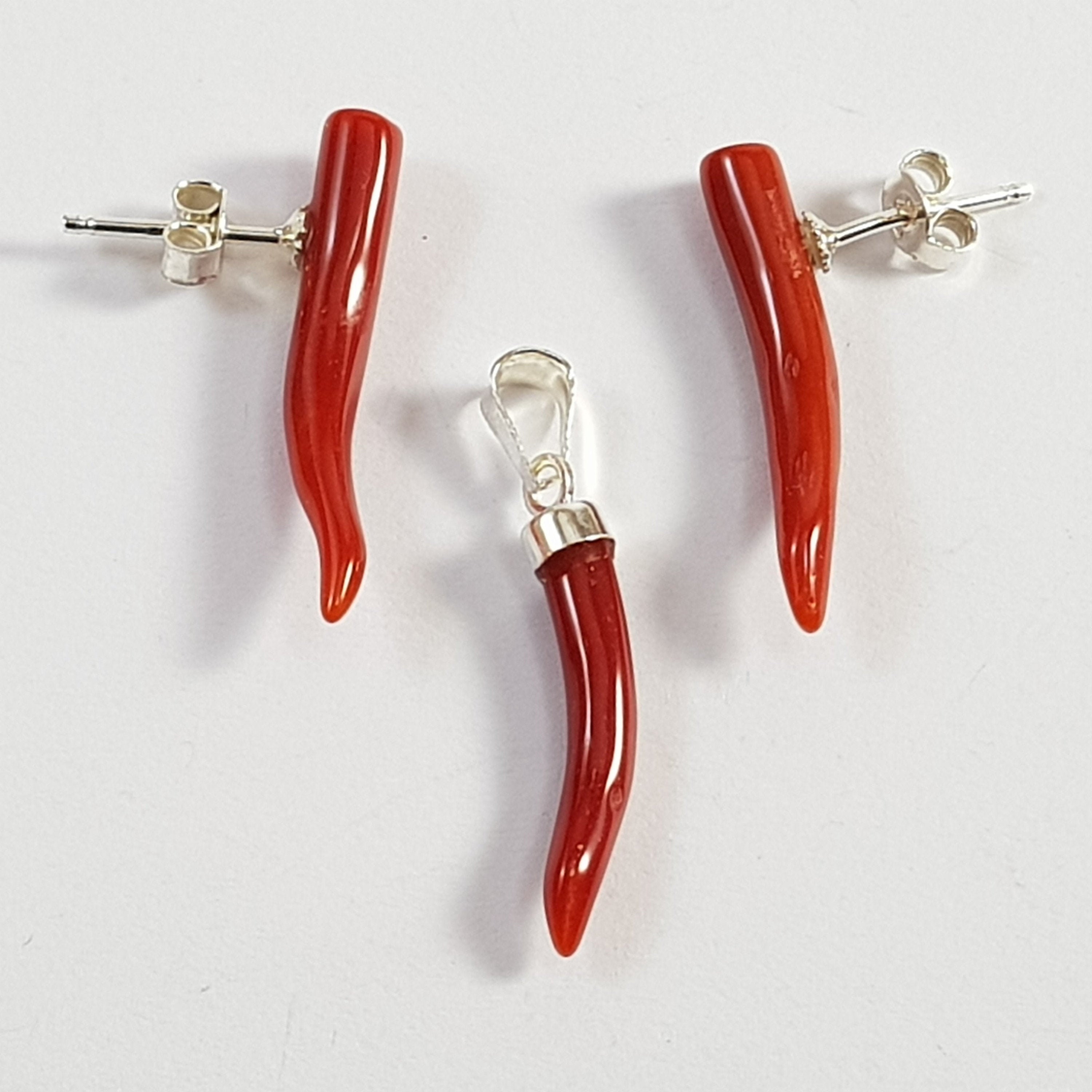 Red Coral Horns 3pcs Earrings Pendant Amulet Cornetti Italian Not Dyed ...