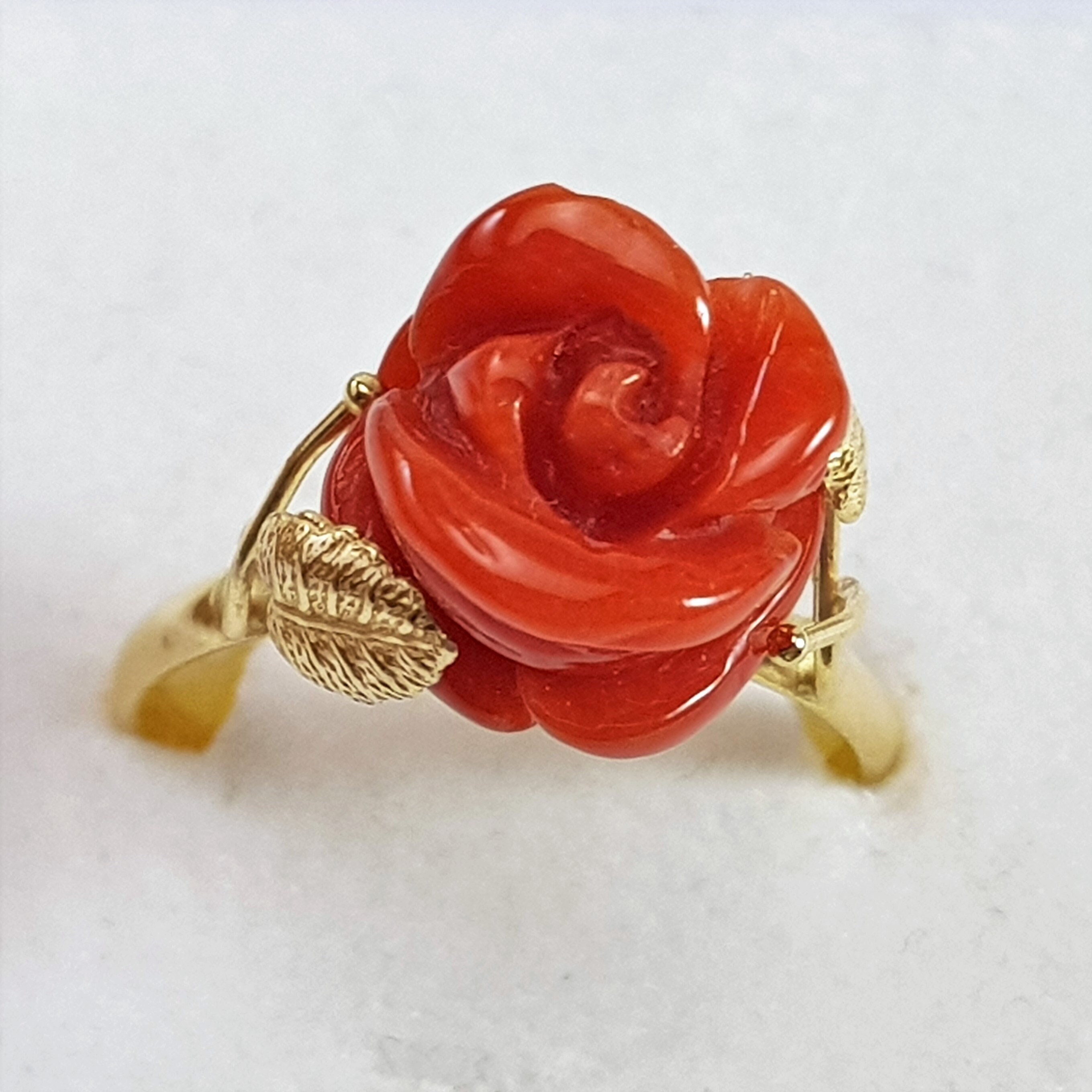 Red Coral Ring Solid Gold 18kt Rose Carved Handmade Mediterranean ...