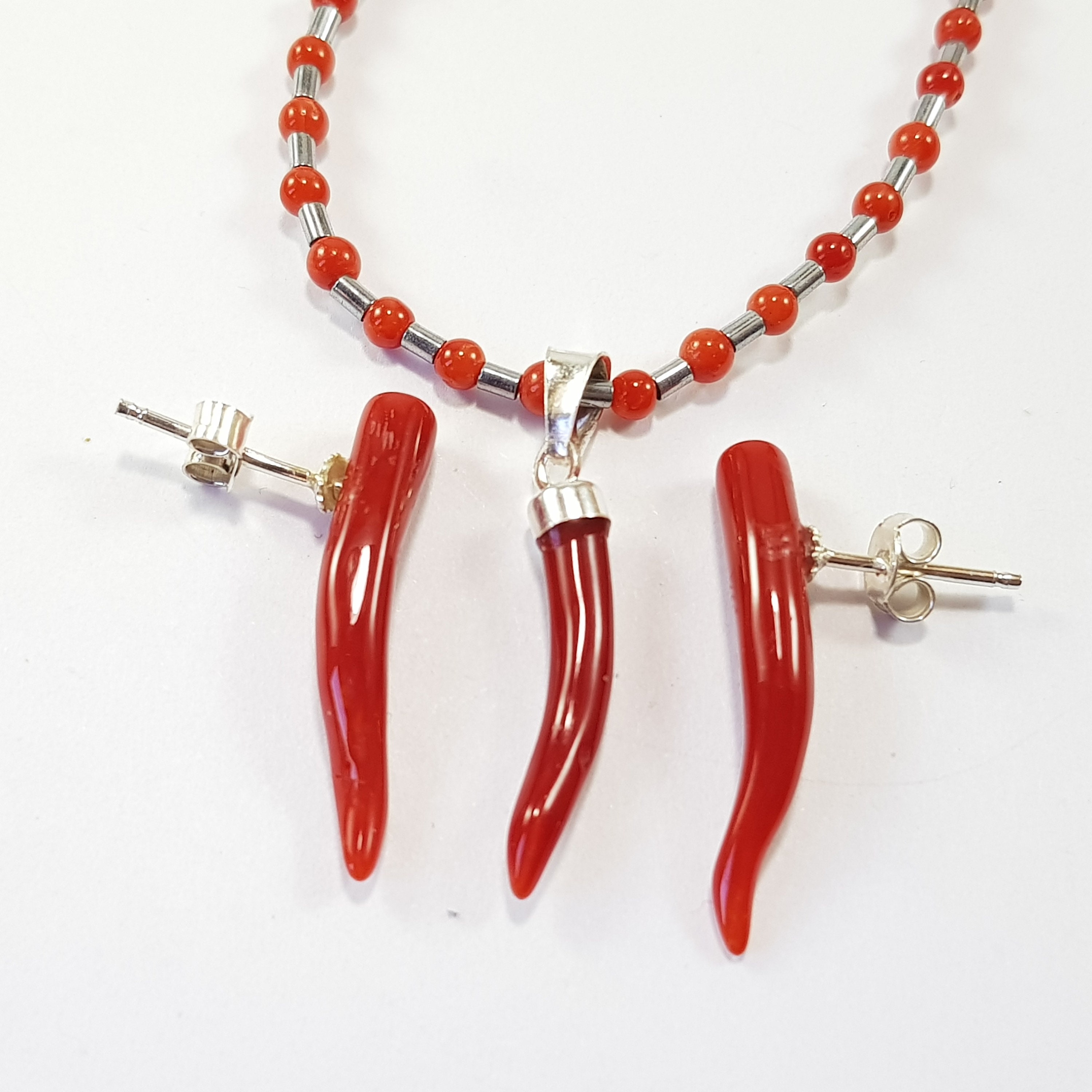 Red Coral Horns 3pcs Earrings Pendant Bracelet Amulet Cornetti Italian ...