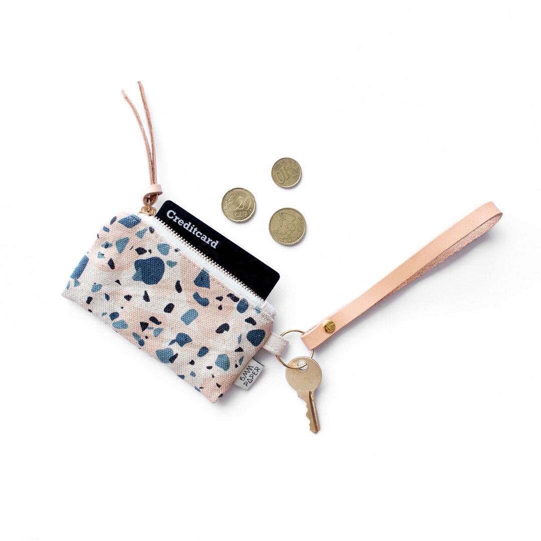 Natural Leather Key Chain With Canvas Card / Coin Pouch Small - Etsy