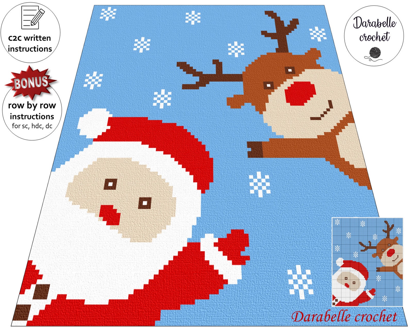Santa and Reindeer Crochet Blanket Pattern: C2C, Row by Row (PDF ...