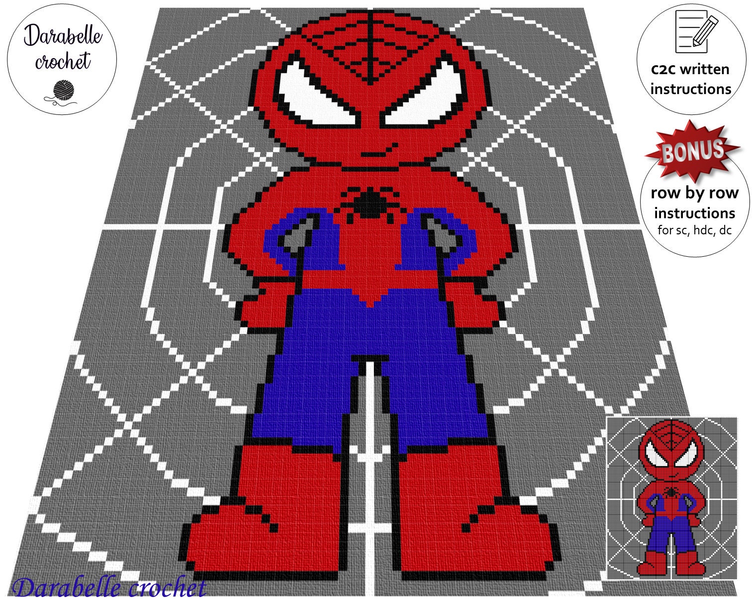 Spiderman Crochet Blanket Pattern – C2C, Row by Row (PDF Download) - Etsy