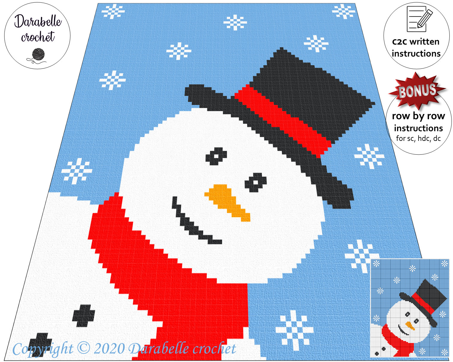 Snowman C2C Row by Row Written Instructions Winter | Etsy