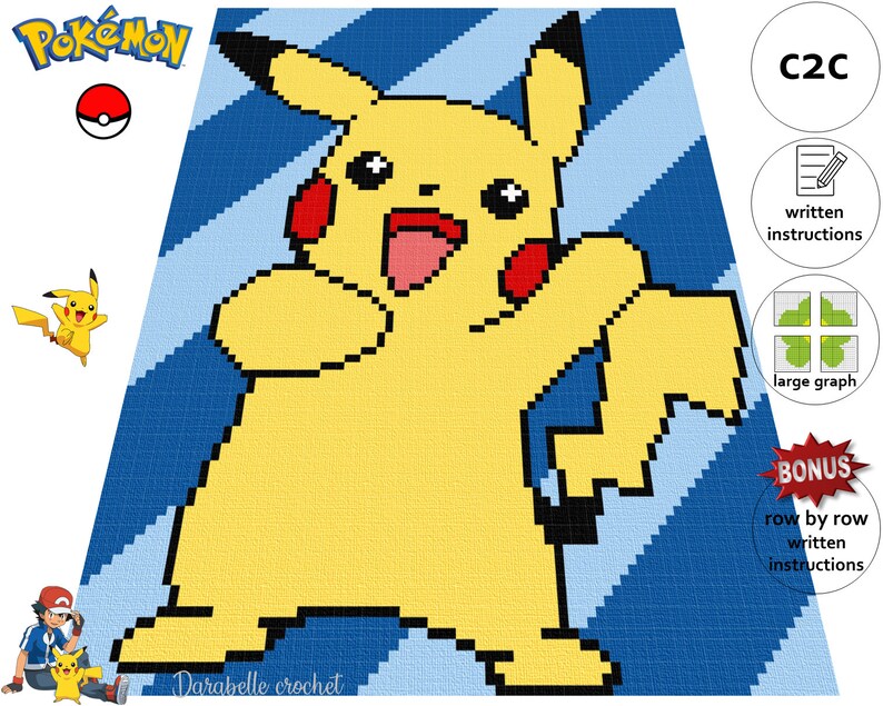 Pikachu Pokemon C2C Row by row Written instructions | Etsy