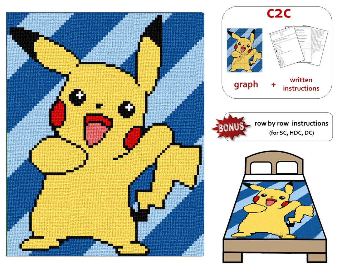 Pikachu - Pokemon –– C2C –– Row by Row –– Written Instructions –– Graph ...