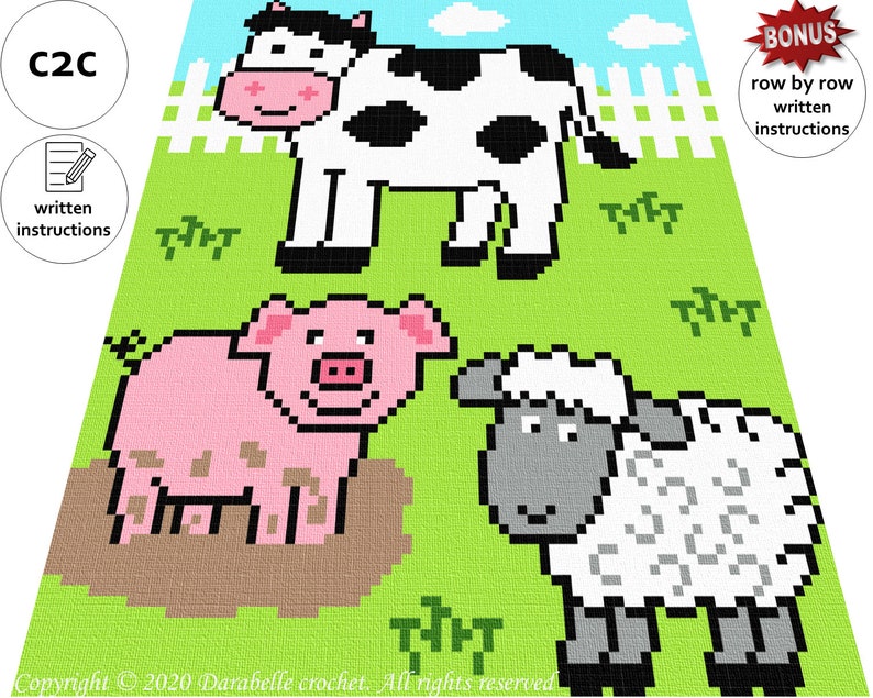 Farm Animals Crochet Blanket Pattern – C2C, Row by Row (PDF Download ...