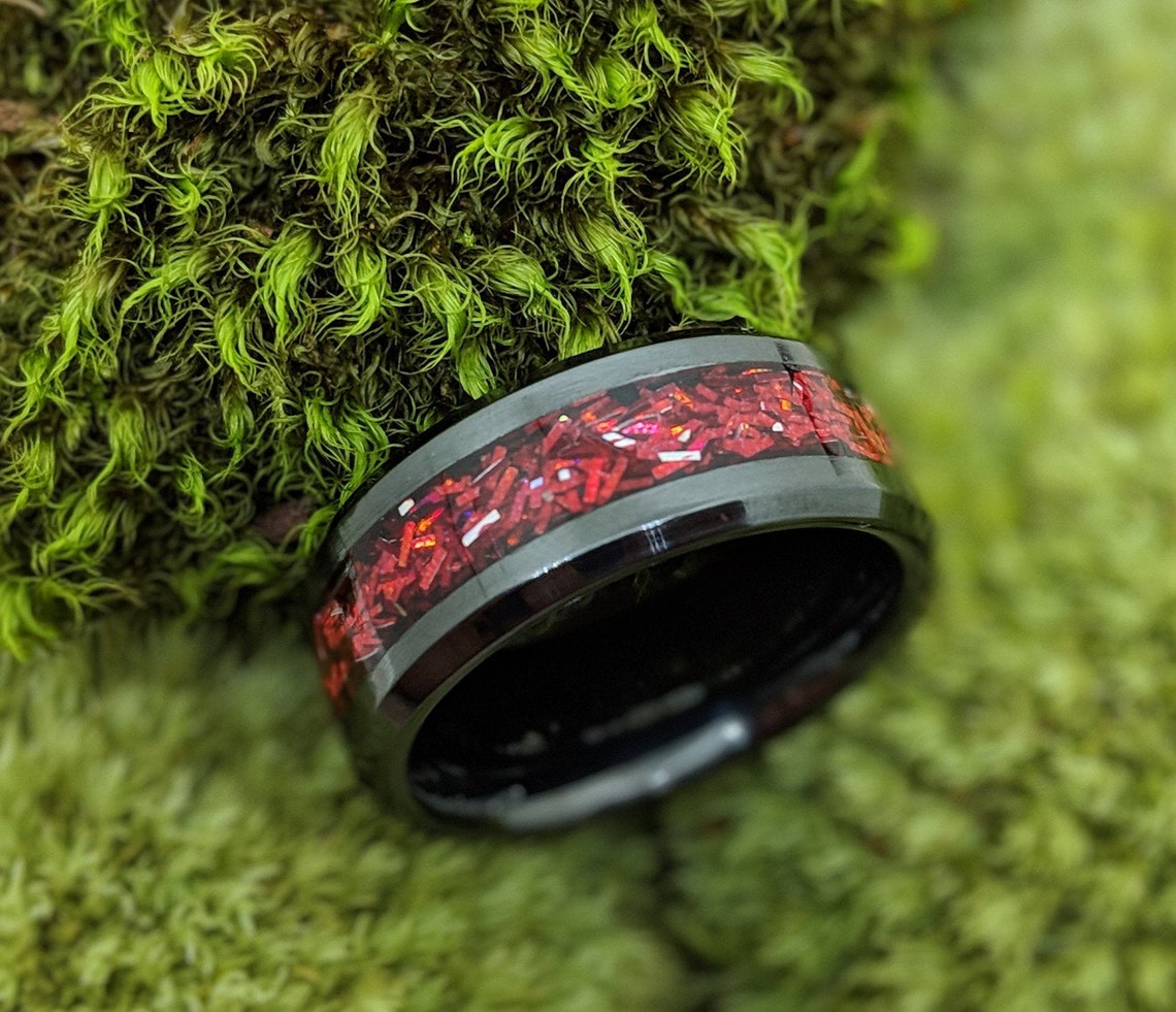 Red Tinsel Glitter Resin and Black Ceramic Ring, Size 8 US, Narrow - Etsy