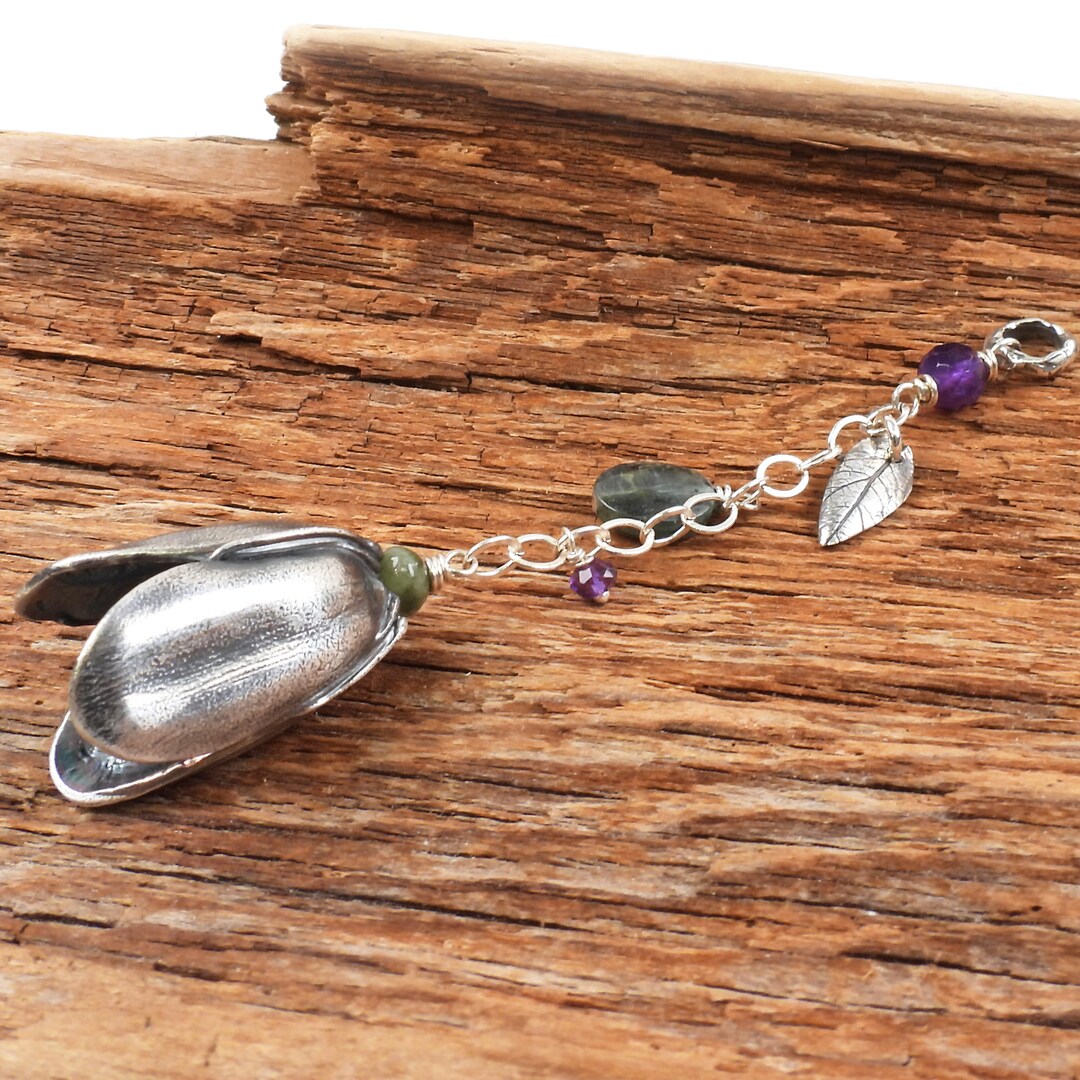 Fine Silver Seed Pod Pendant, Organic Textures, Leaf Accent, Amethyst ...