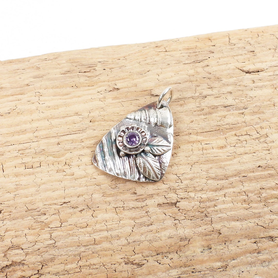 Triangular Silver and Purple Flower Pendant With CZ, Botanical Inspired ...