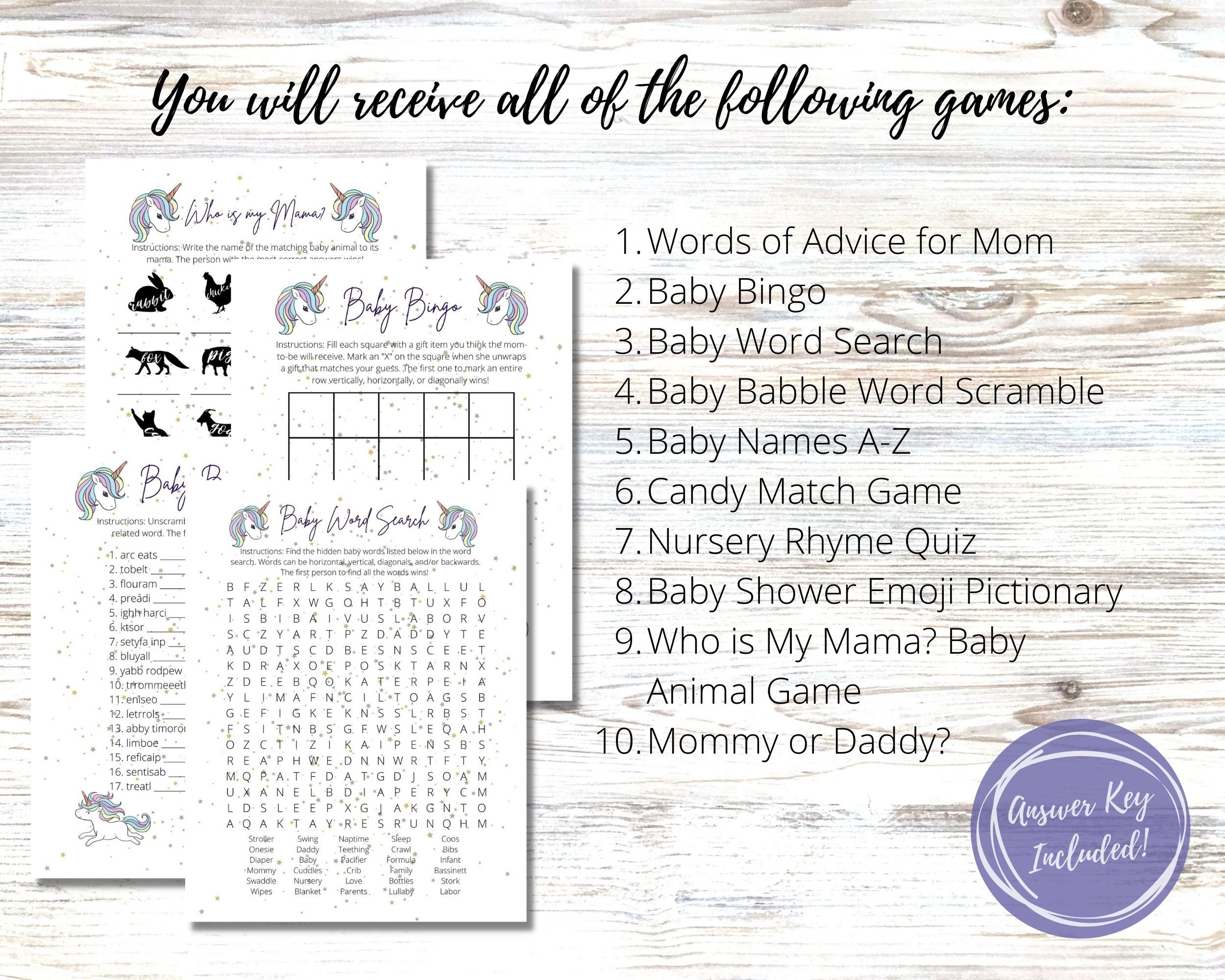 Baby Shower Games Unicorn Baby Shower Games PRINTABLE Baby Shower Games ...