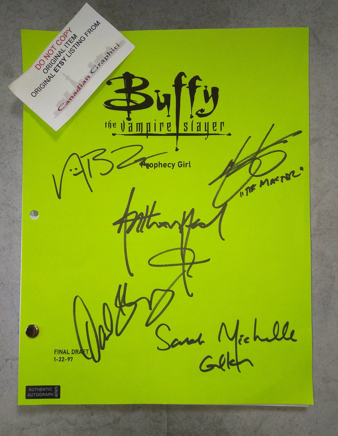 Buffy the Vampire Slayer 5x Cast Hand Signed Autograph Script COA Sarah Michelle Gellar, David ...