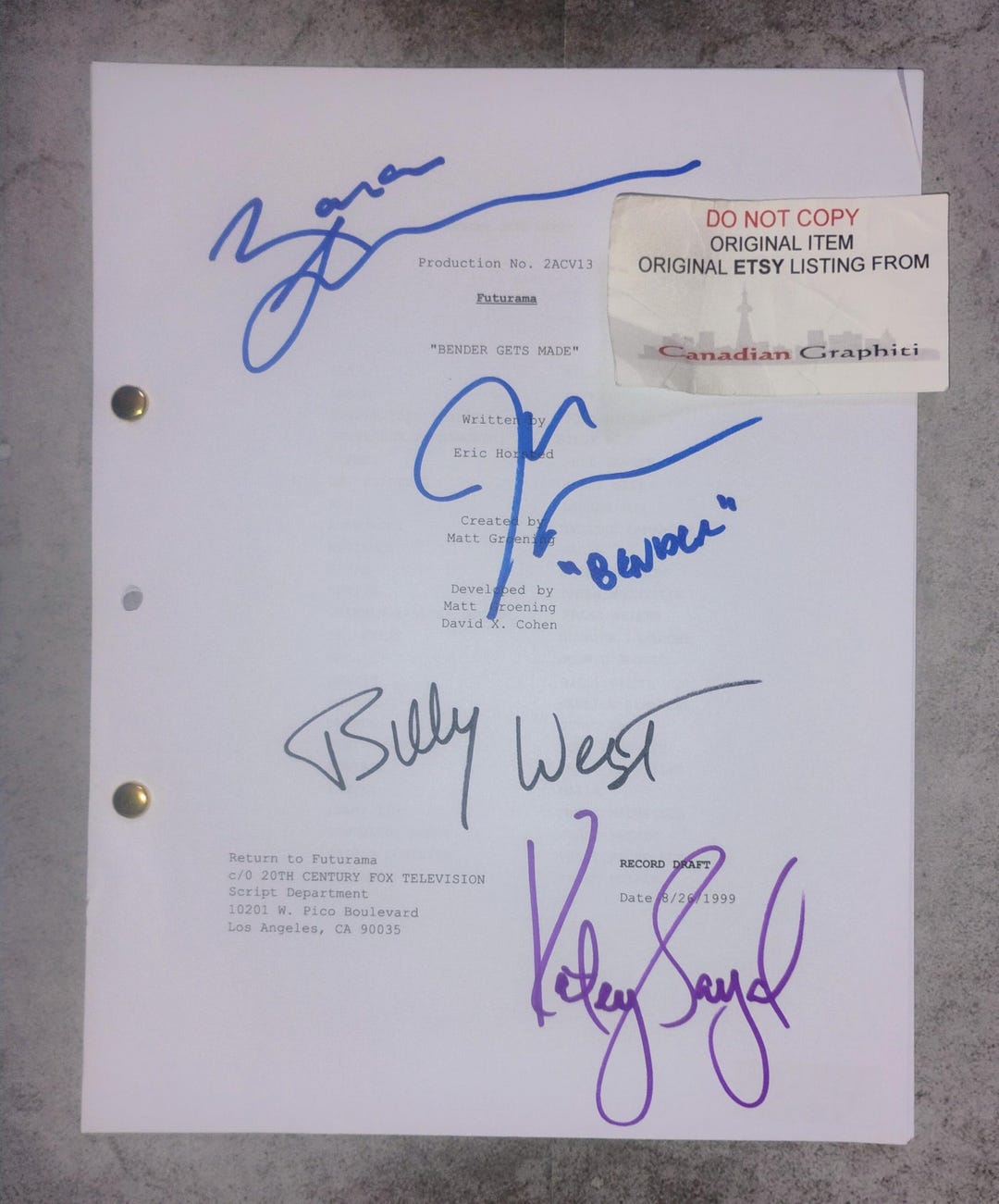 Futurama Cast Hand Signed Autograph Script COA Billy West, John ...