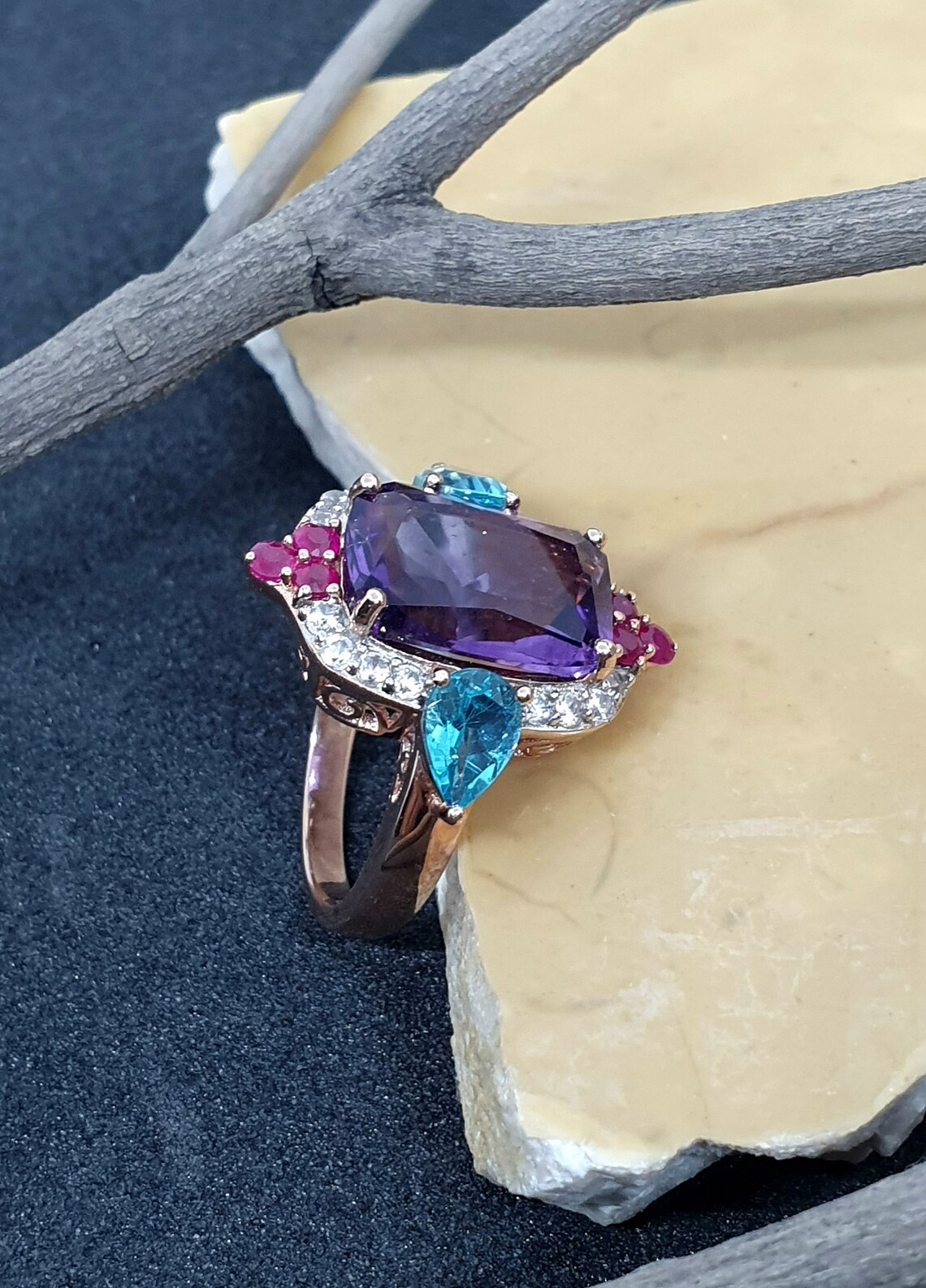 Amethyst With Apatite and Ruby Ring in .925 Sterling Silver | Etsy