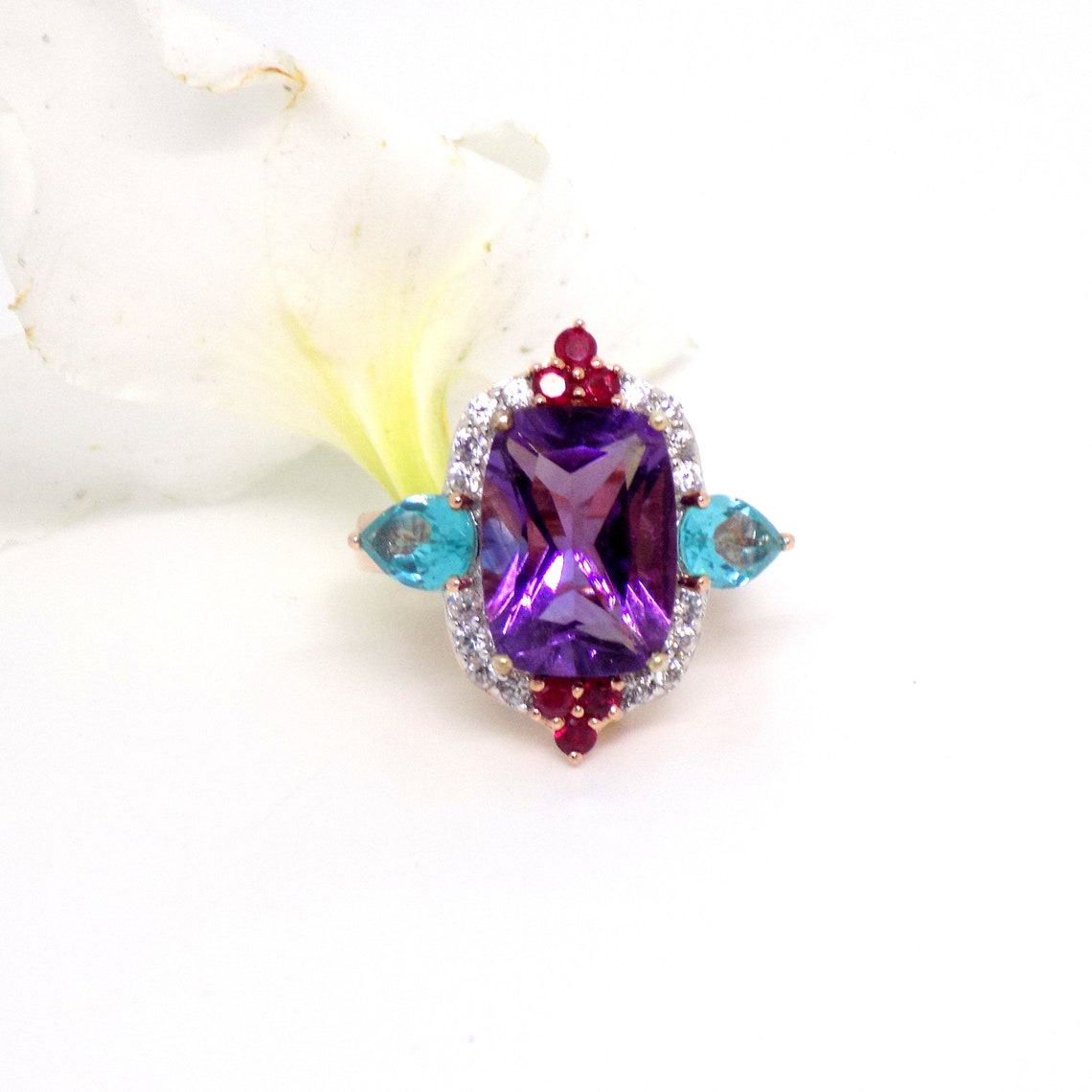 Amethyst With Apatite and Ruby Ring in .925 Sterling Silver | Etsy