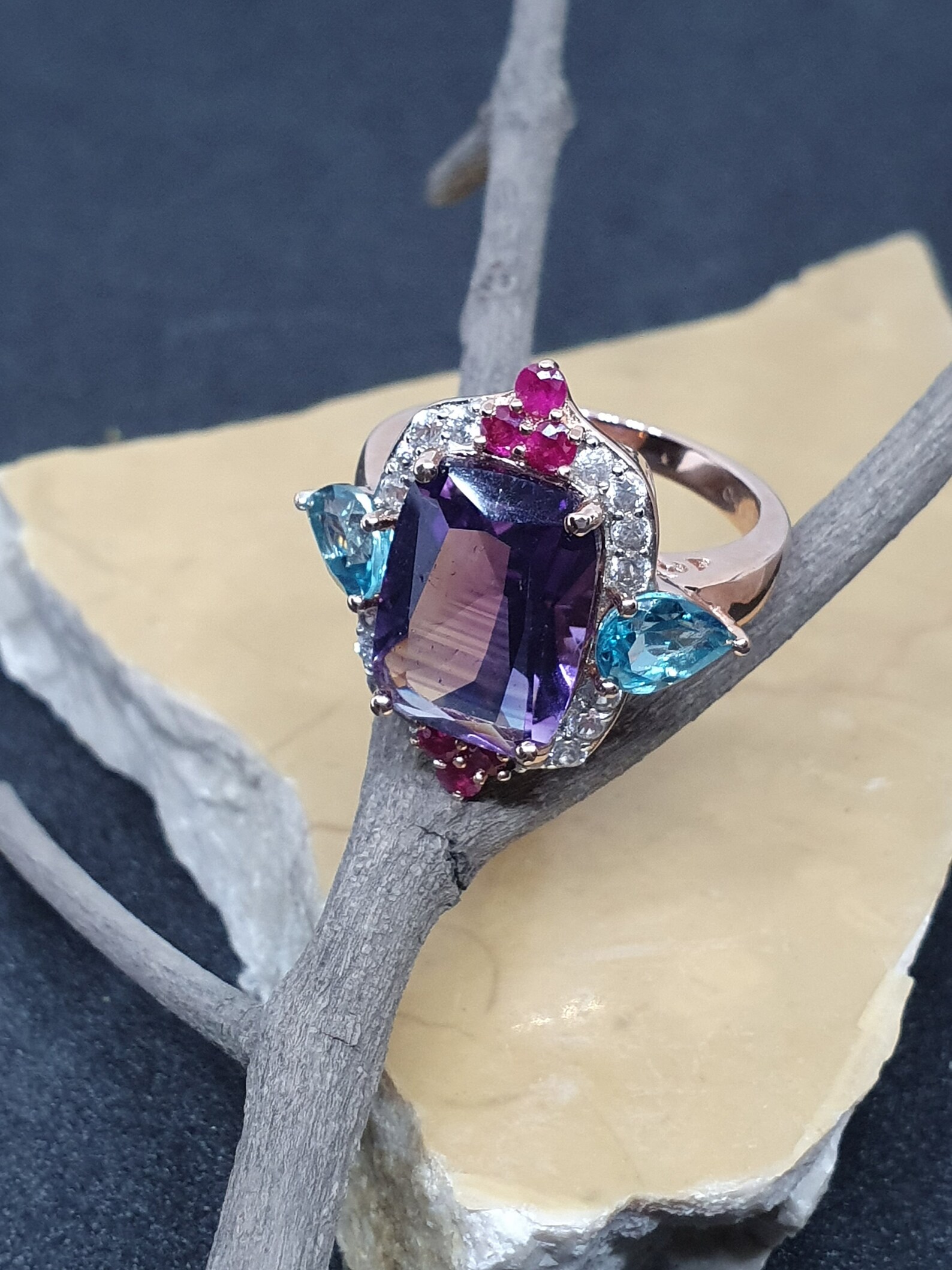 Amethyst With Apatite and Ruby Ring in .925 Sterling Silver | Etsy
