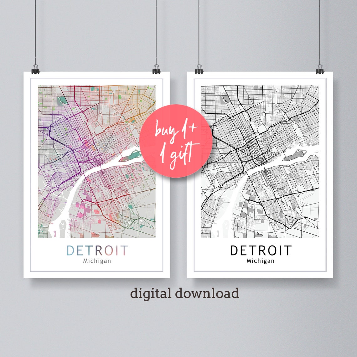 Detroit Map Print Wall Decor Colorful Wall Art, Detroit Poster, Custom ...